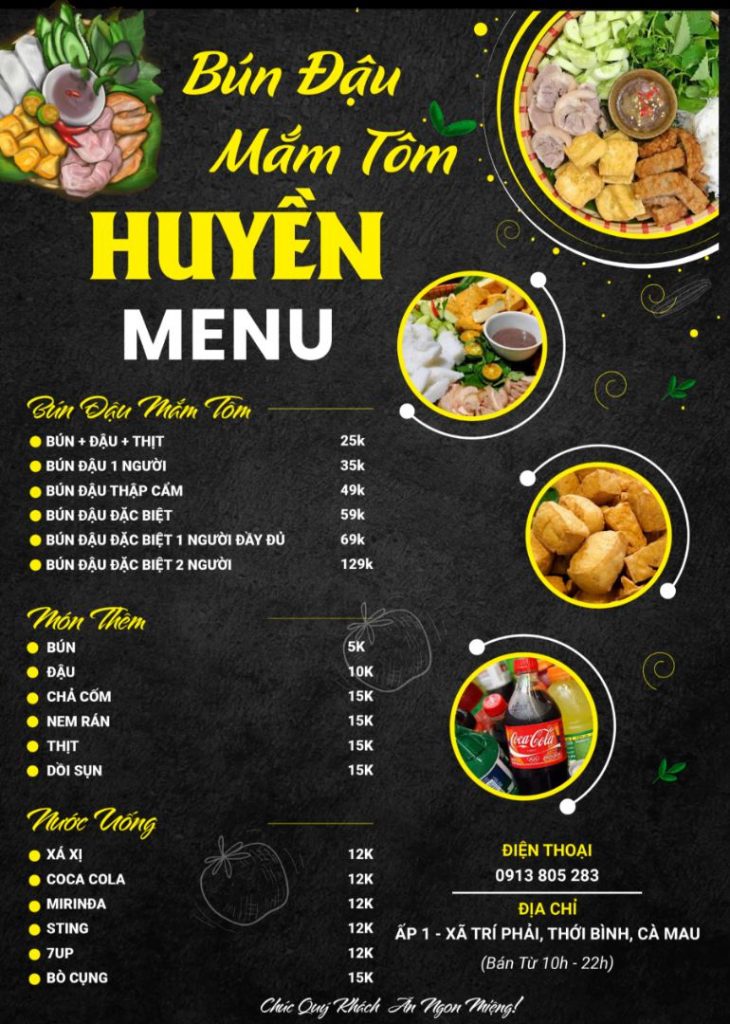5 mẫu menu cho quán bún đậu mắm tôm hot nhất hiện nay