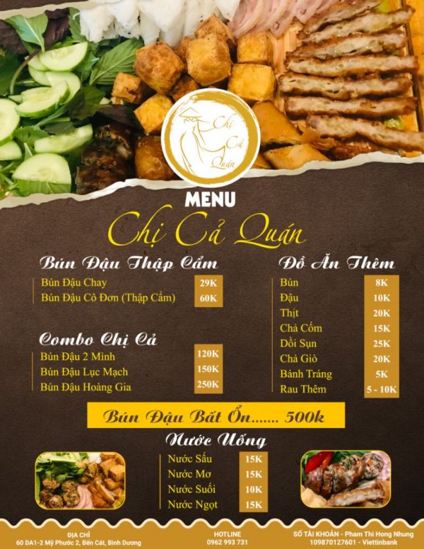 5 mẫu menu cho quán bún đậu mắm tôm hot nhất hiện nay