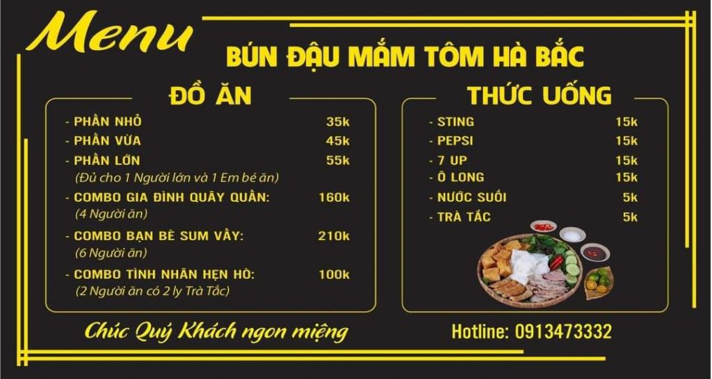 5 mẫu menu cho quán bún đậu mắm tôm hot nhất hiện nay