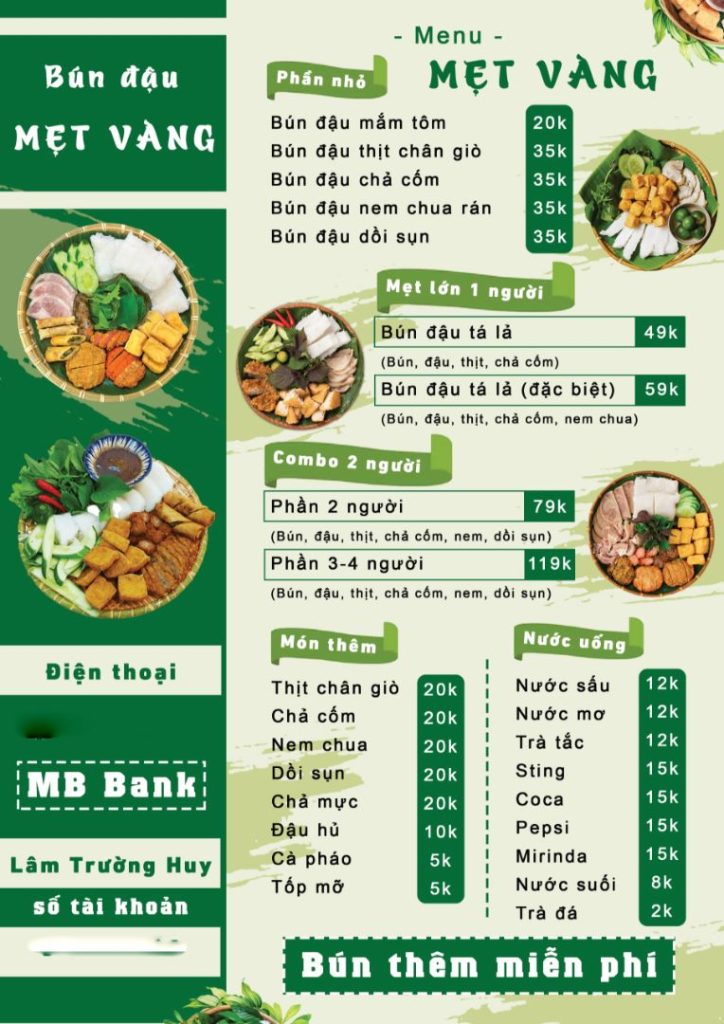 5 mẫu menu cho quán bún đậu mắm tôm hot nhất hiện nay