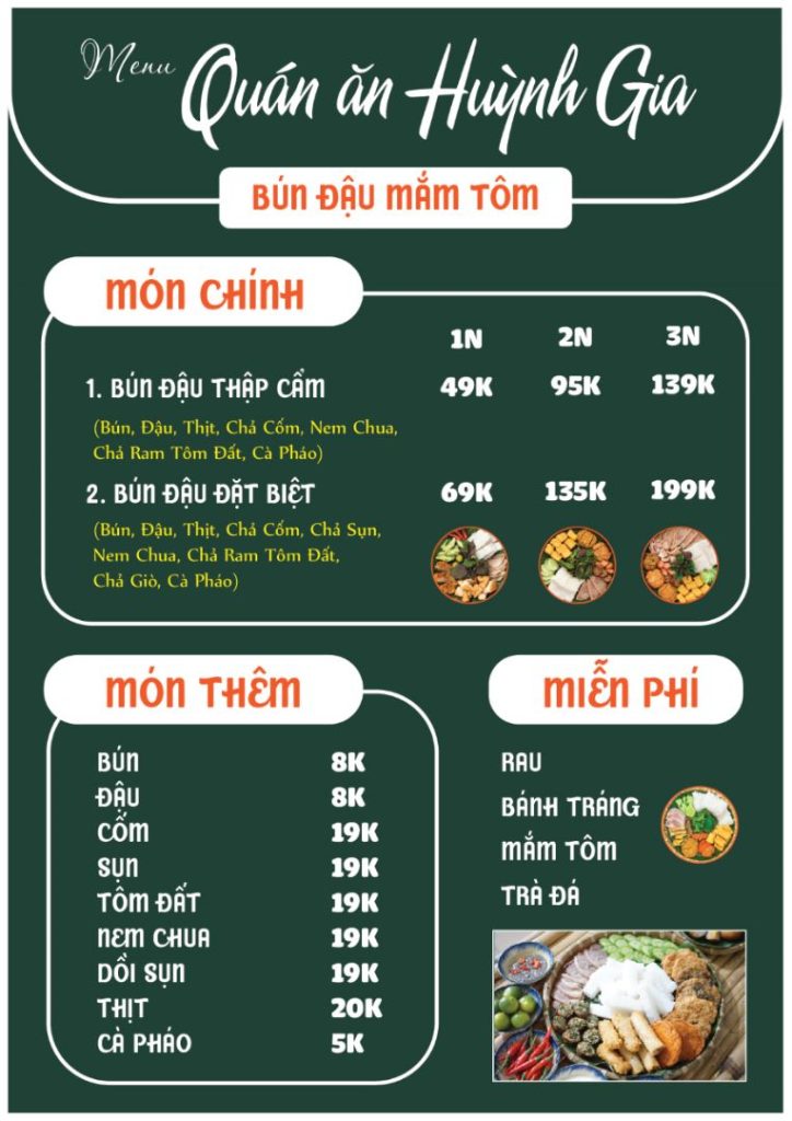 5 mẫu menu cho quán bún đậu mắm tôm hot nhất hiện nay